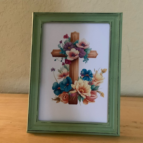 Hand Crafted | Accents | Farmhouse Cross And Flowers Picture 5x7 Wframe ...